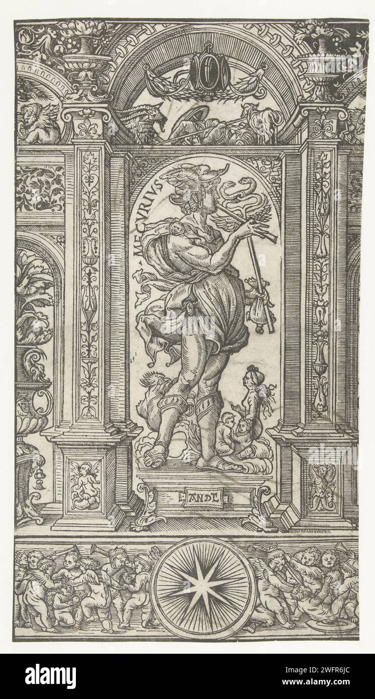 Mercury with constellations Virgin and Gemini in an architectural frame ...