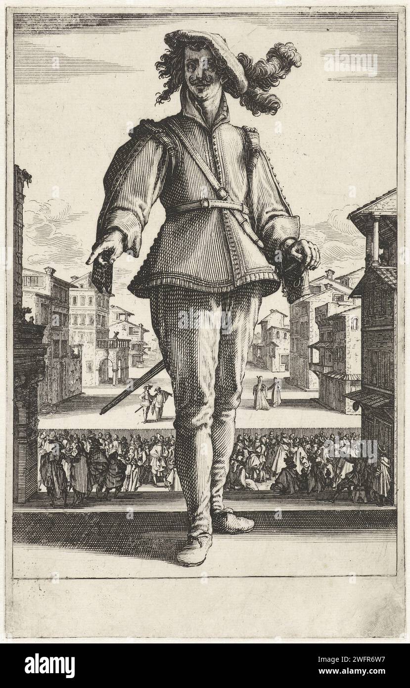 Capitano, Jacques Callot, 1619 print In the foreground an actor who ...