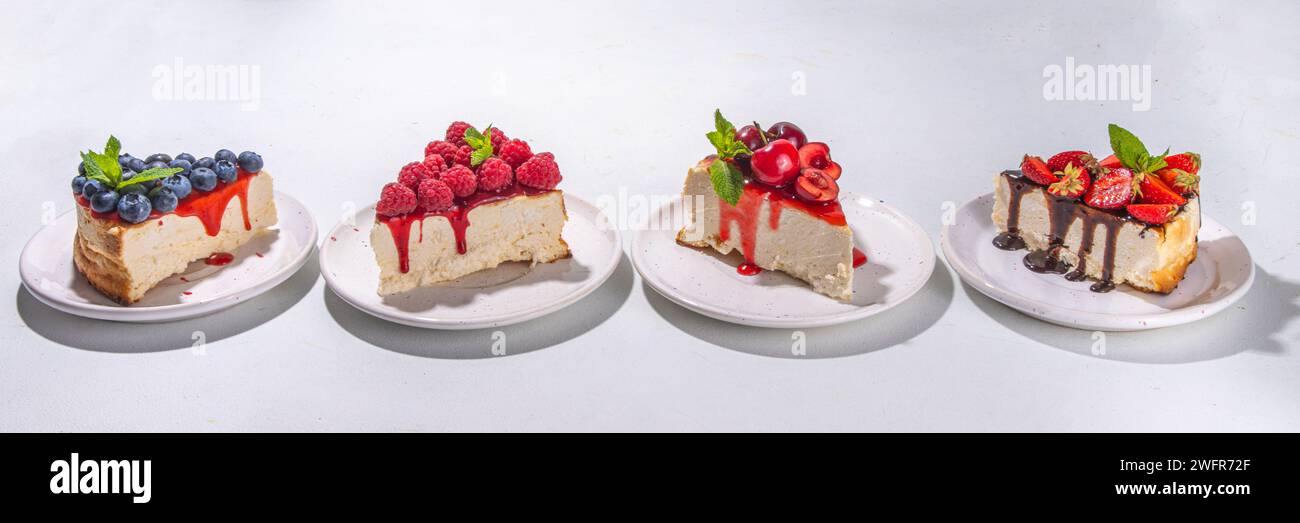 Summer cafe baking menu background, sweet cheesecake portion slices ...