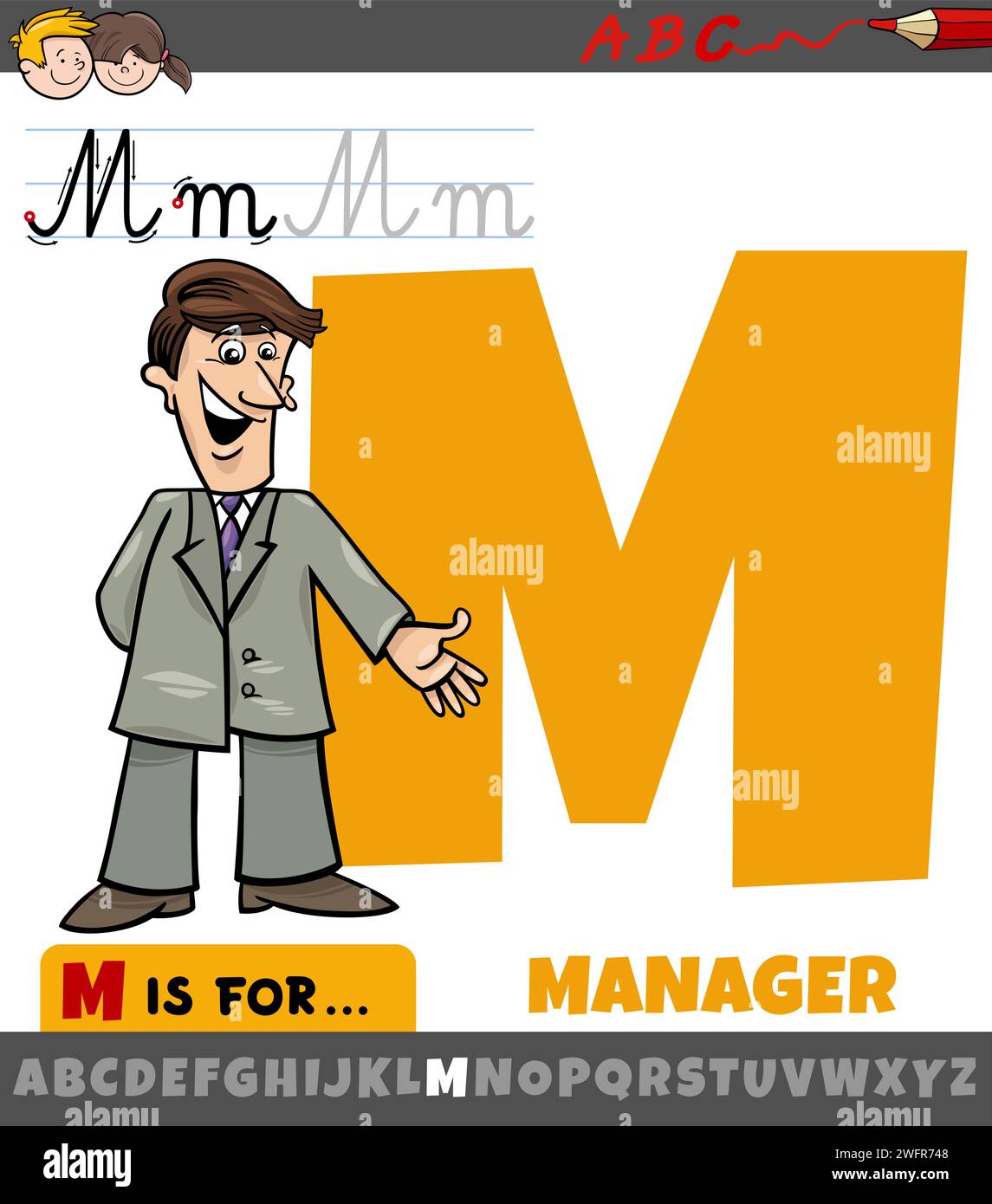 Educational cartoon illustration of letter M from alphabet with manager ...
