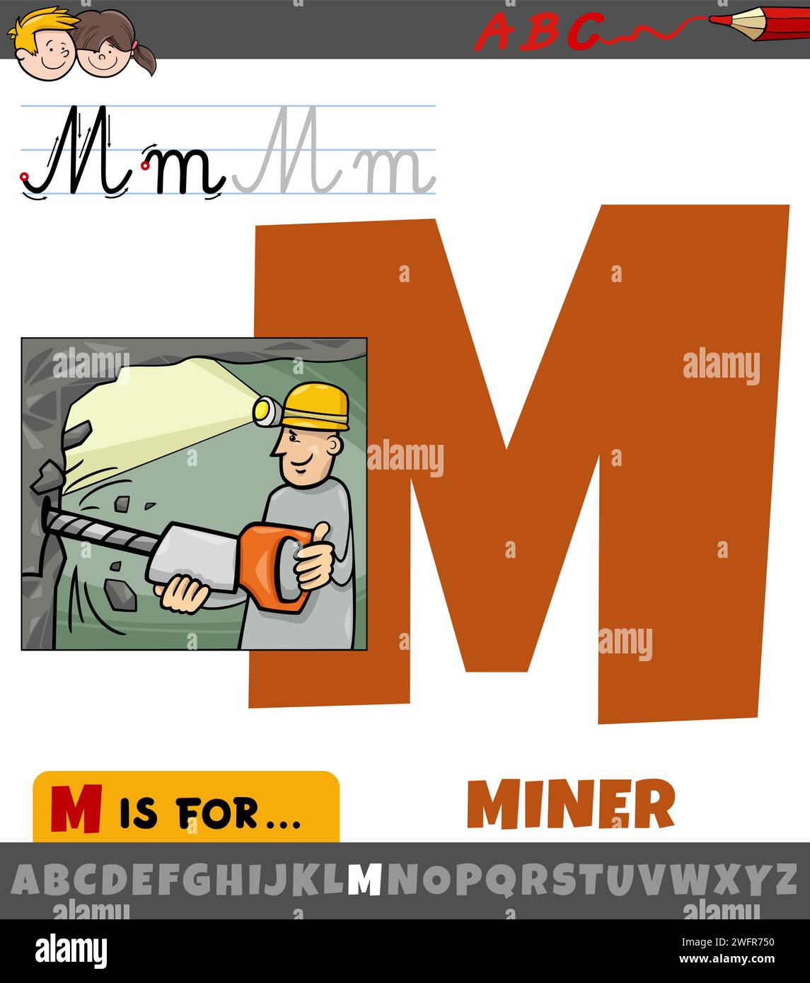 Educational cartoon illustration of letter M from alphabet with miner ...