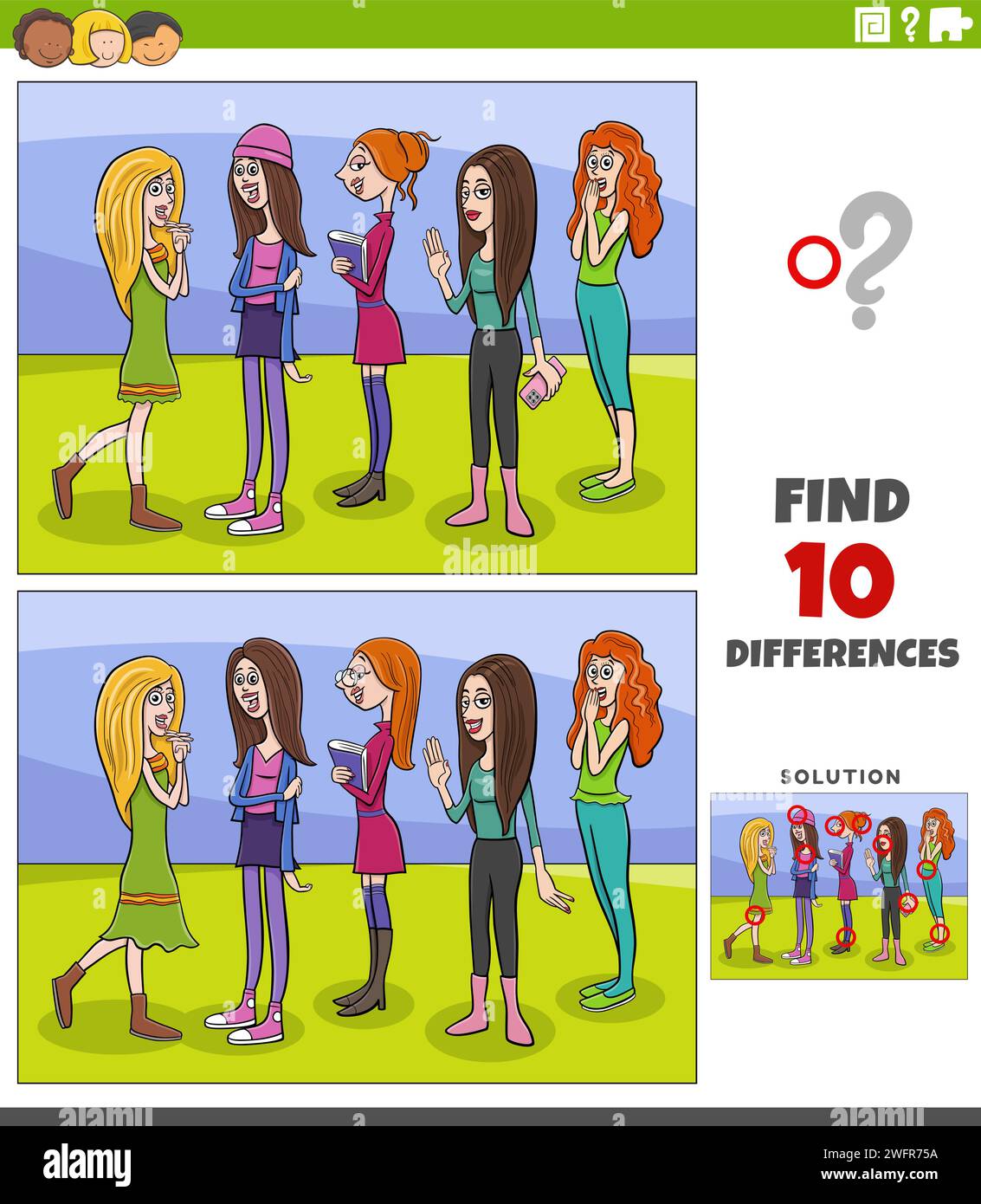Cartoon illustration of finding the differences between pictures educational activity with young ...