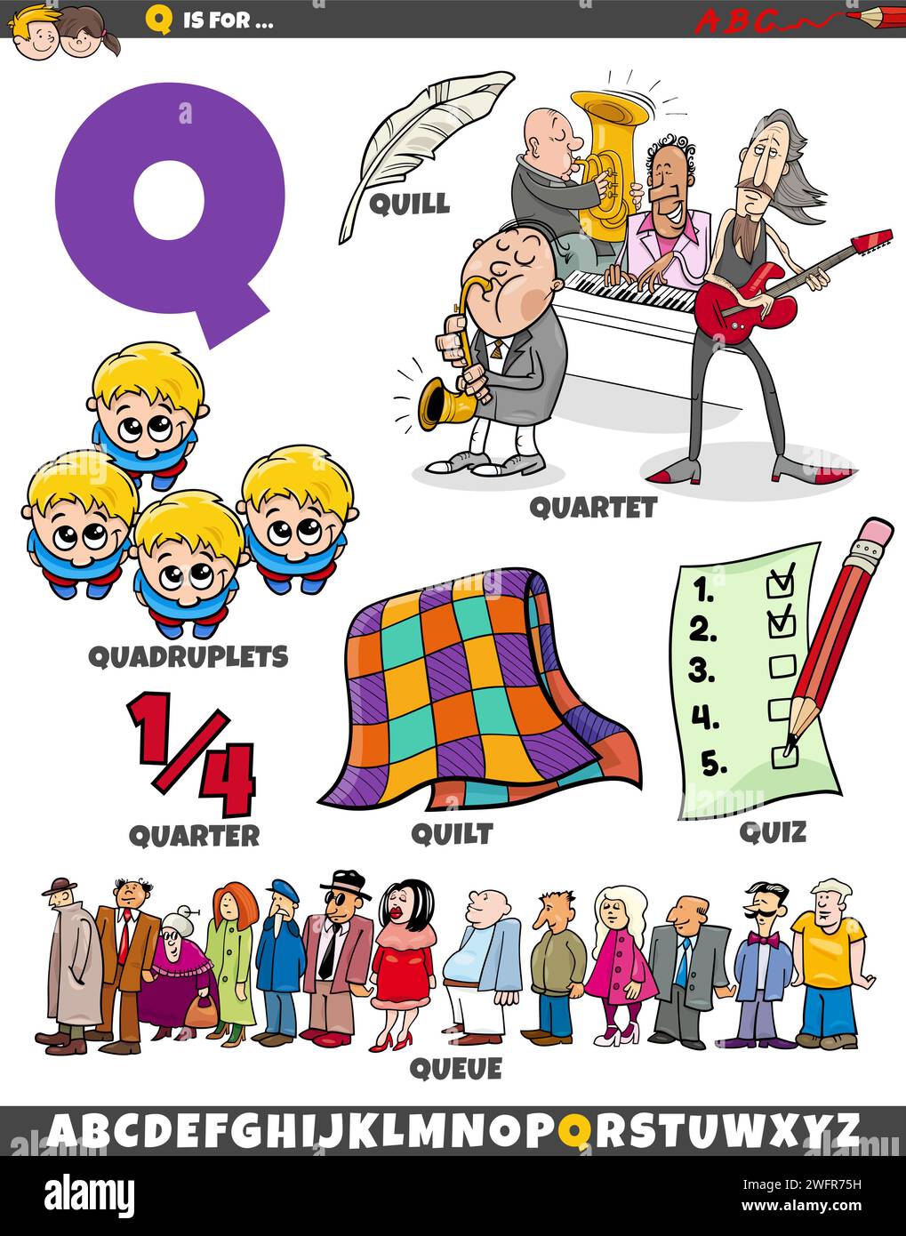 Cartoon illustration of objects and characters set for letter Q Stock ...