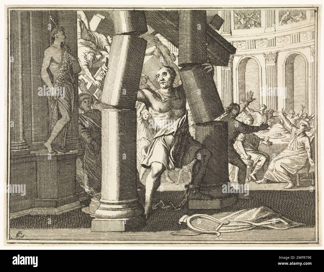 Simson destroys the temple of the Philistines, Caspar Luyken, 1712 print Amsterdam paper etching ...
