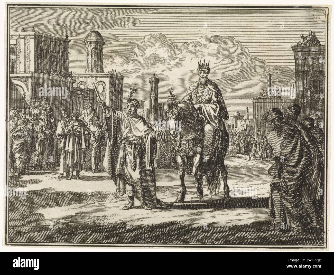 Mordecai in Royal robe led by the city, Jan Luyken, 1712 print ...