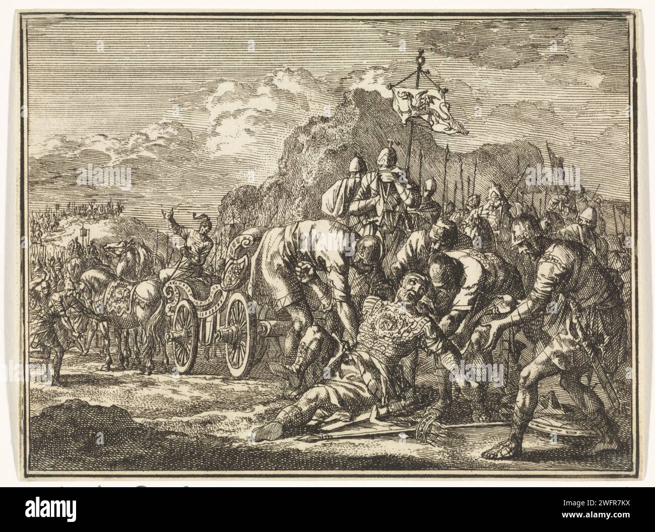 Antiochus Epiphanes falls from his chariot, Jan Luyken, 1712 print ...