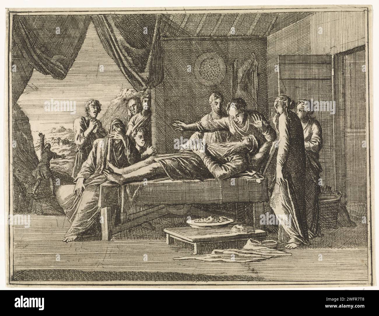 Adam deathbed, Caspar Luyken, 1712 print Amsterdam paper etching death of Adam Stock Photo - Alamy