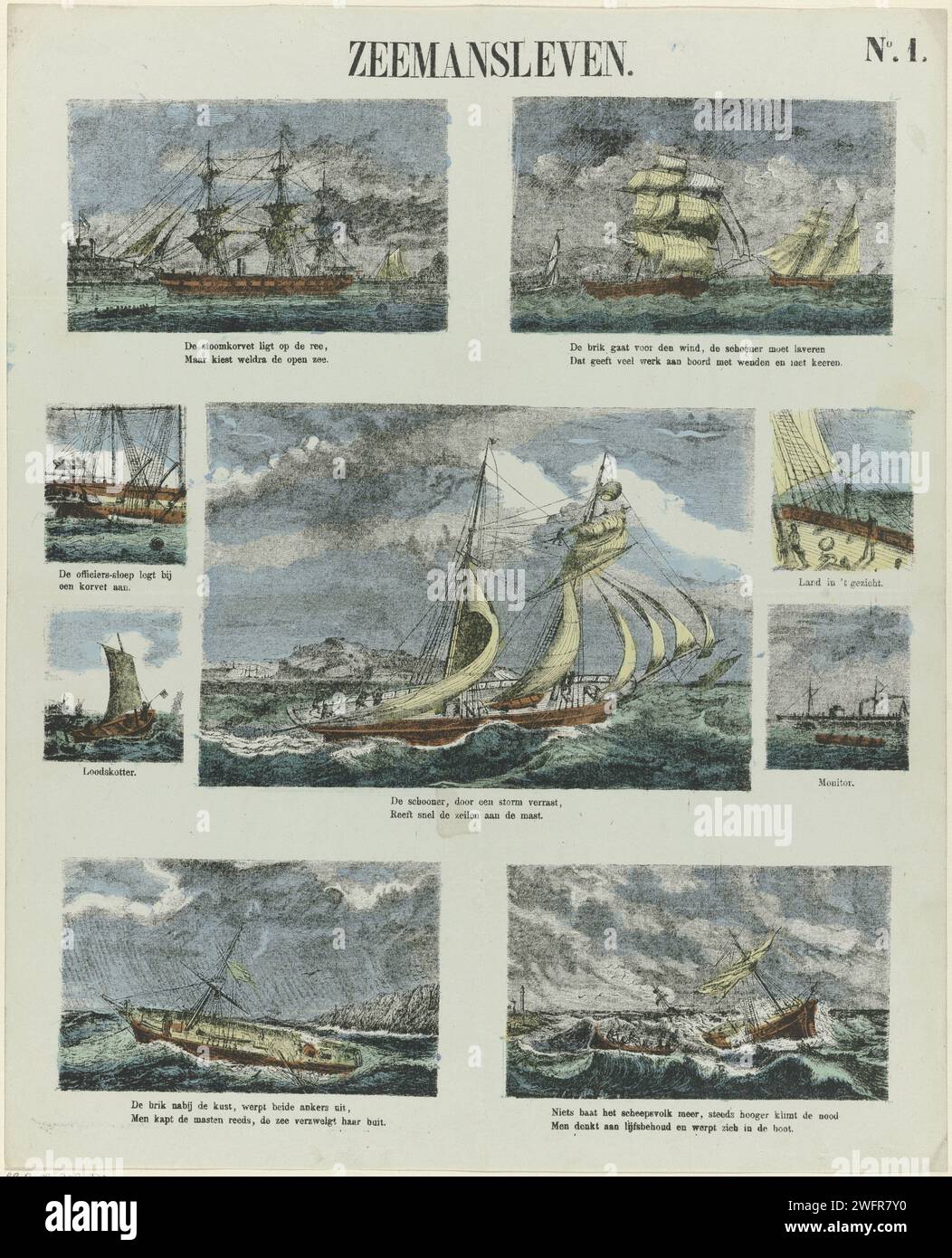 Zeemansleven, 1873 print Leaf with 9 performances of different ship ...