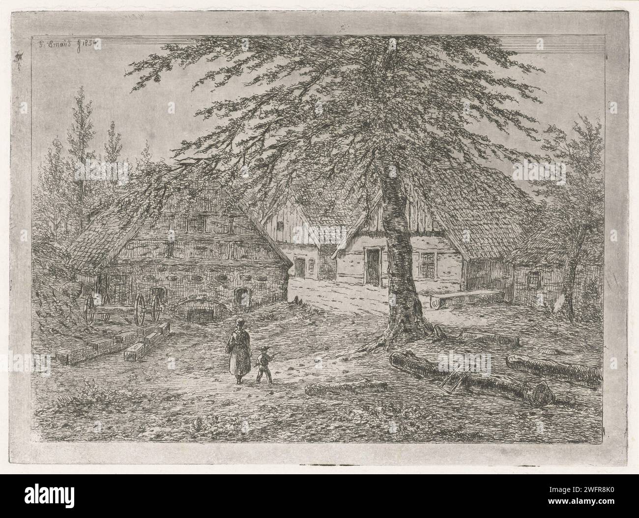 Farmyard, Gerardus Emaus de Micault, 1854 print A woman and a child ...