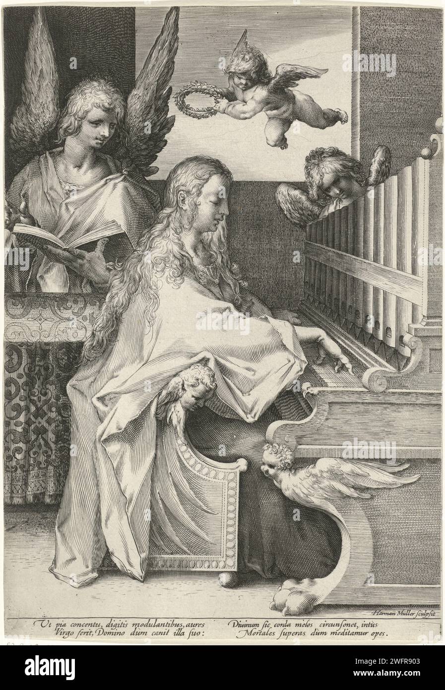 H. Cecilia playing on the organ, Harmen Jansz Muller, 1590 - 1594 print ...