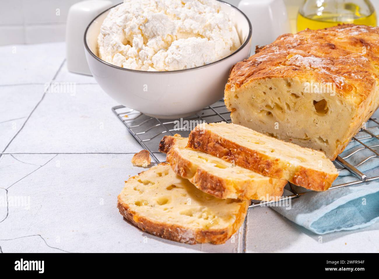 Cottage cheese bread. Trendy curd cheese baking, homemade loaf bread ...