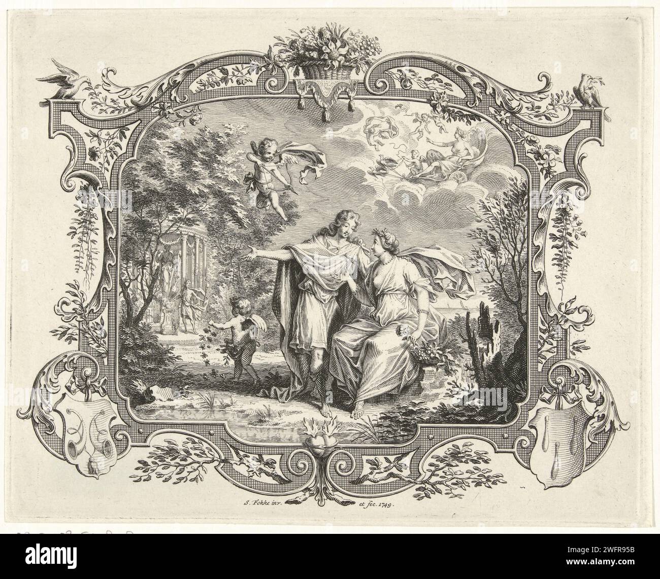 Love pair, Simon Fokke, 1749 print A love couple in antique clothing in ...