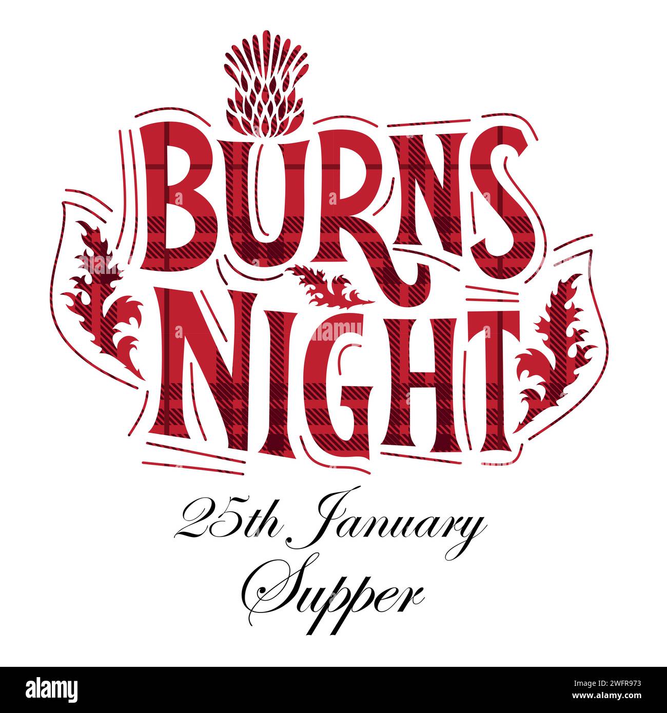 Burns night supper card with thistle on tartan background. Menu with ...