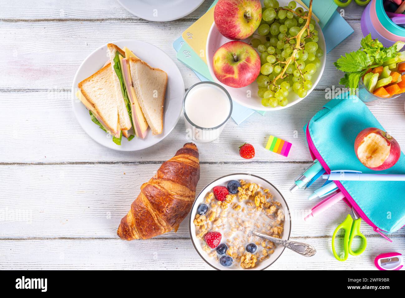 Healthy nutritious morning breakfast for school kids, with fresh fruits ...