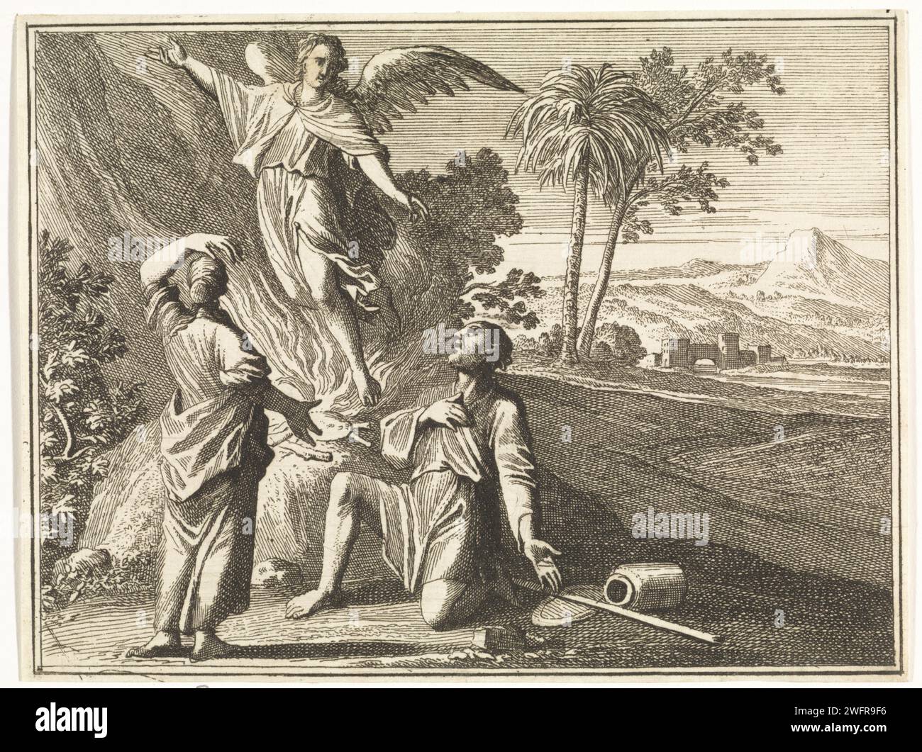 Manoach and his wife see the angel take off in the flame of their sacrifice, Caspar Luyken, 1712 ...