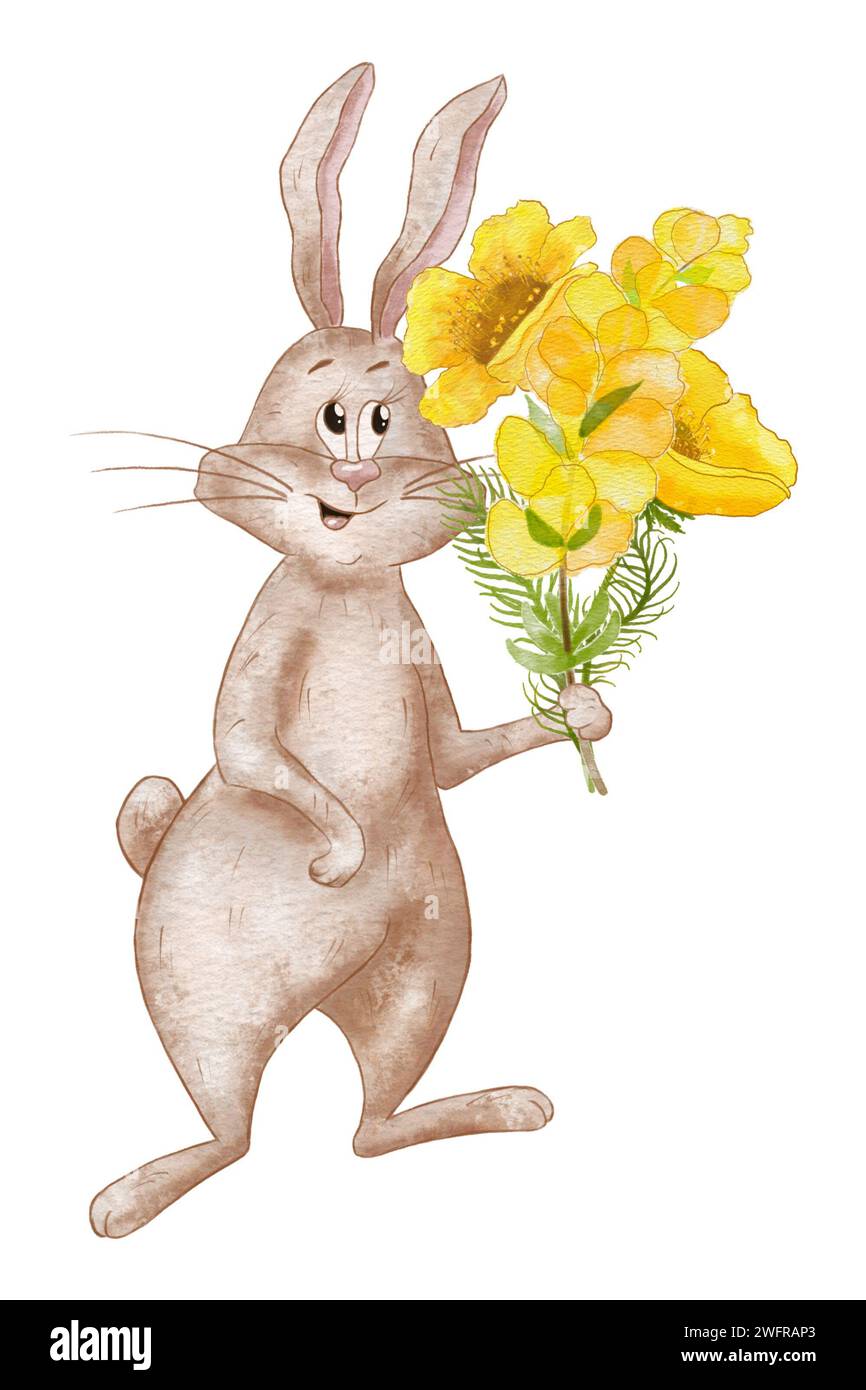 Rabbit. Eared cheerful rabbit with a bouquet of yellow flowers ...
