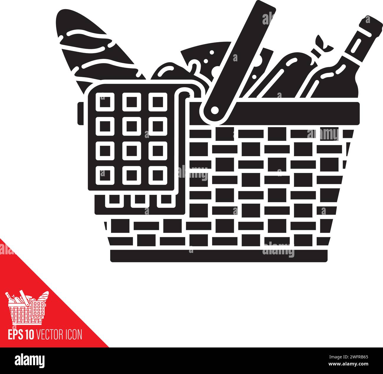 Picnic basket filled with blanket, wine bottle, bread, cheese, apple ...