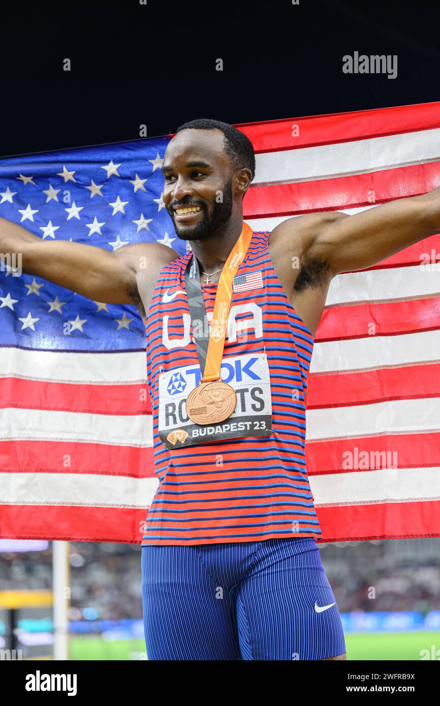 Daniel ROBERTS celebrating his medal with the flag in the Budapest 2023 ...