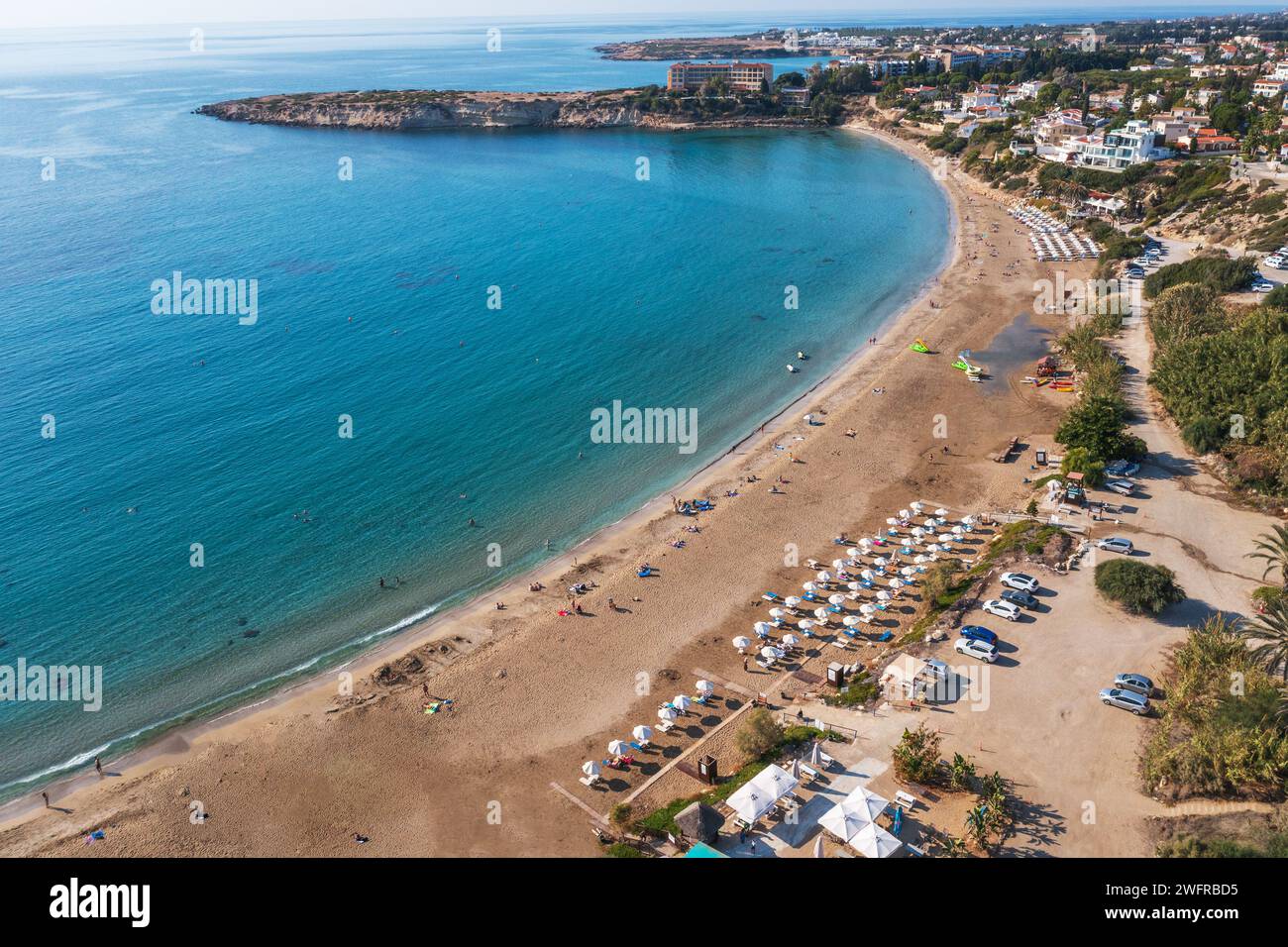 Expansive aerial view of Cyprus sandy beach and azure ocean water ...
