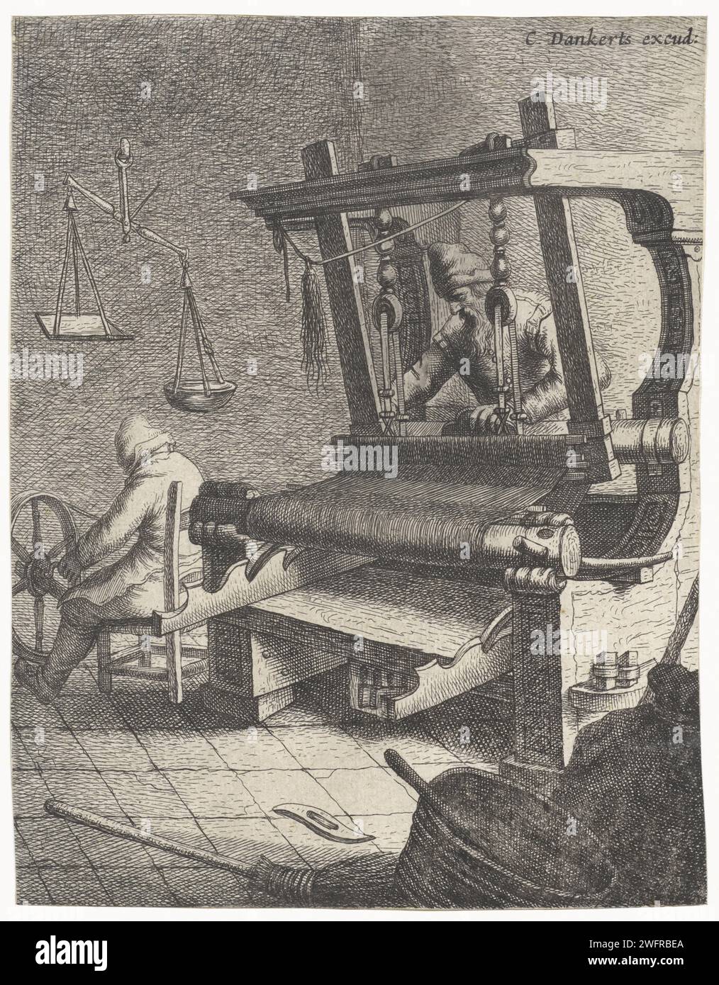 Wever, Jan Gillisz. van Vliet, 1635 print Weavers in a workshop. A man ...