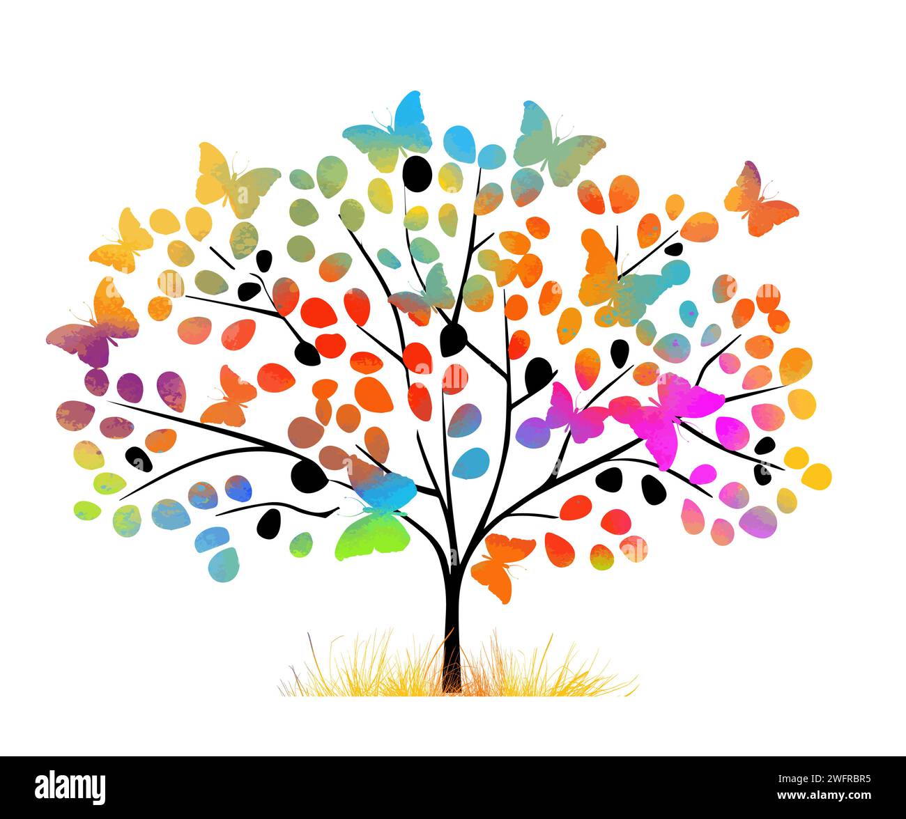 Tree with colored butterflies and hearts. hand drawing. Not AI, Vector ...