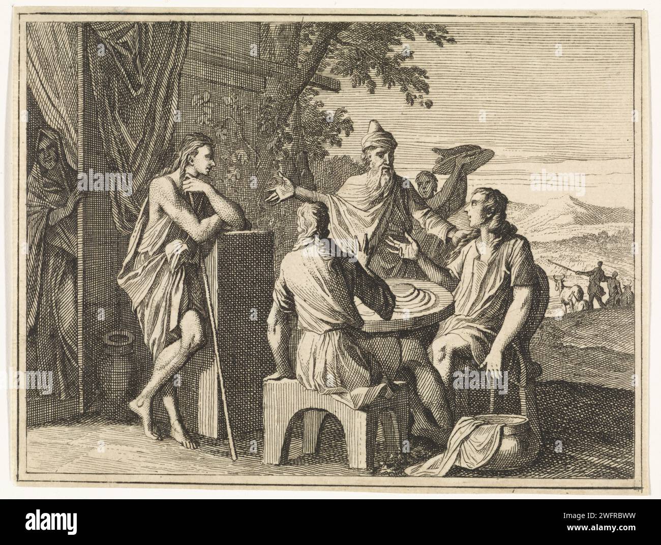 Abraham receives the three angels, Caspar Luyken, 1712 print Amsterdam paper etching the visit ...