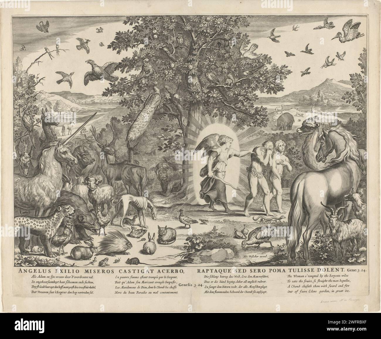 Expulsion from Paradise, anonymous, after Nicolaes de Bruyn, 1652 - 1702 print An angel with ...