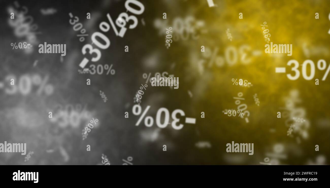 Flying -30% discount symbols over silver and yellow background Stock ...