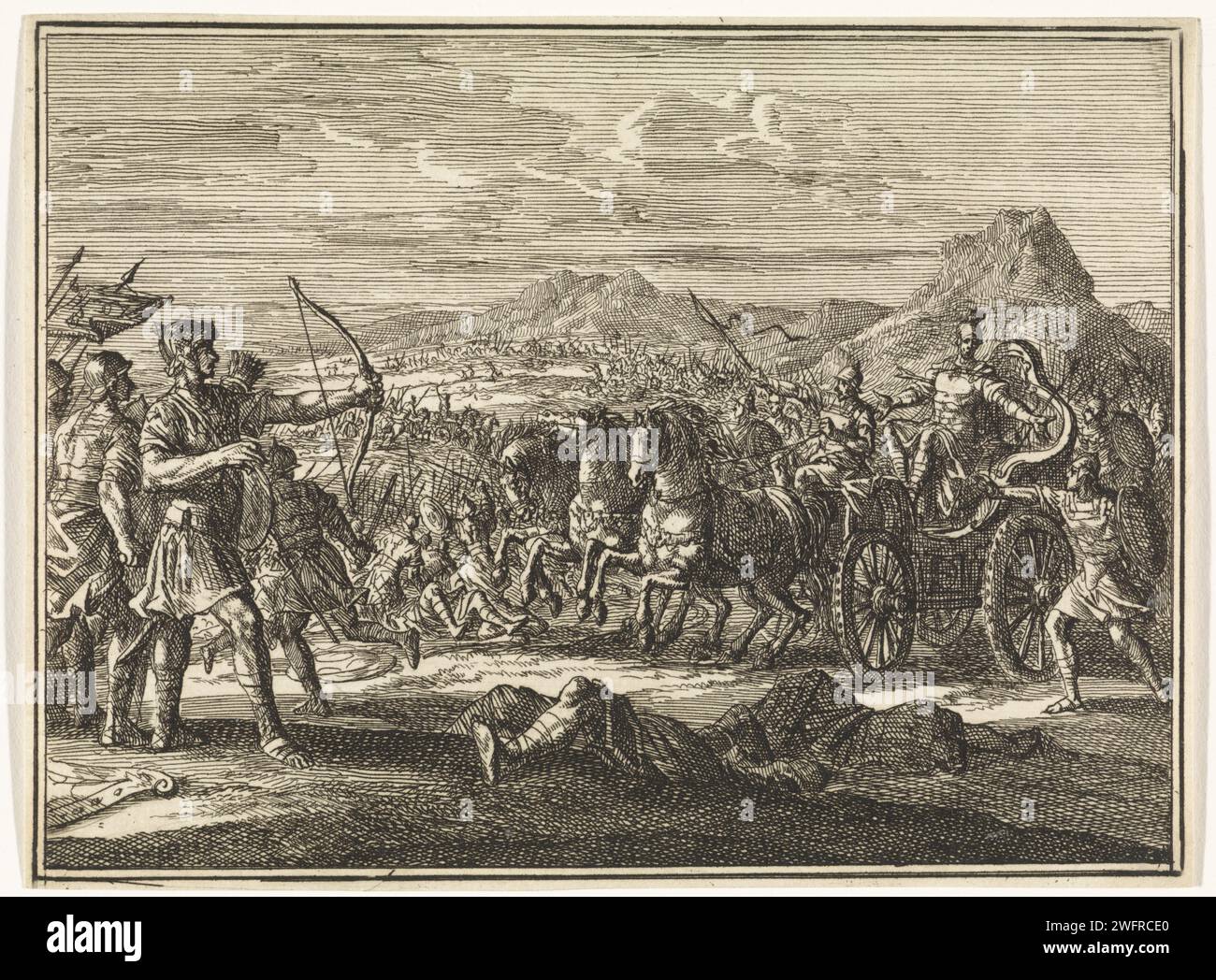 Death of Achab on his chariot, Jan Luyken, 1712 print Amsterdam paper ...