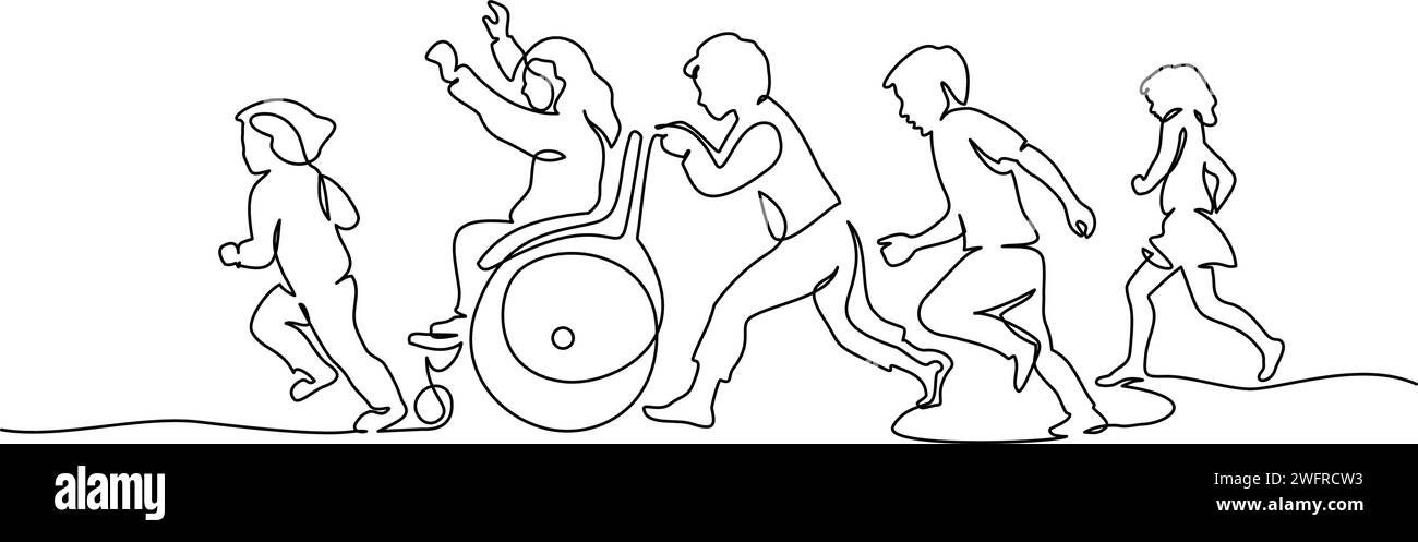 Happy disabled girl and healthy children run together outdoor Stock ...