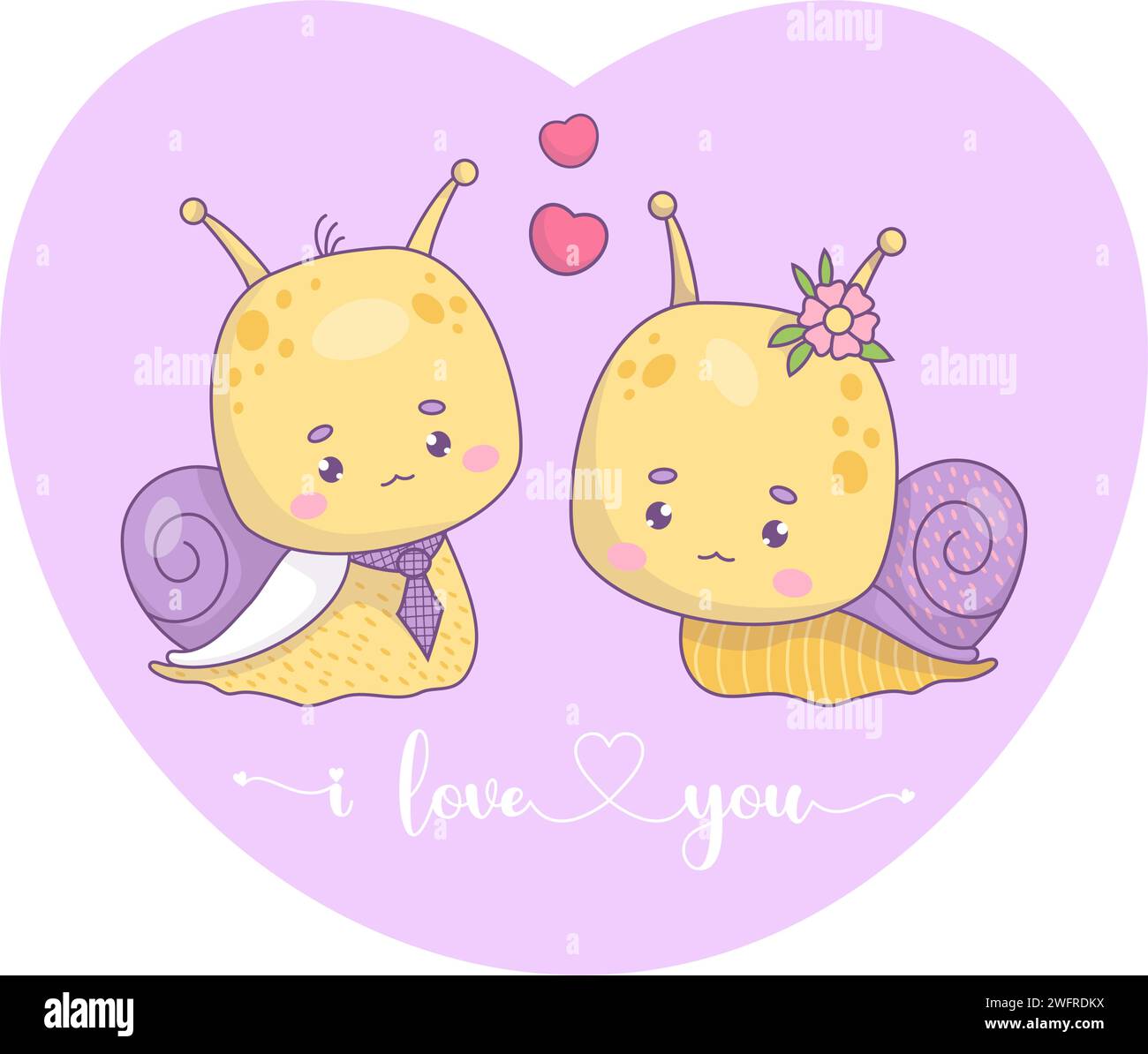Cute loving couple snails girl and boy with heart. Valentines card I ...