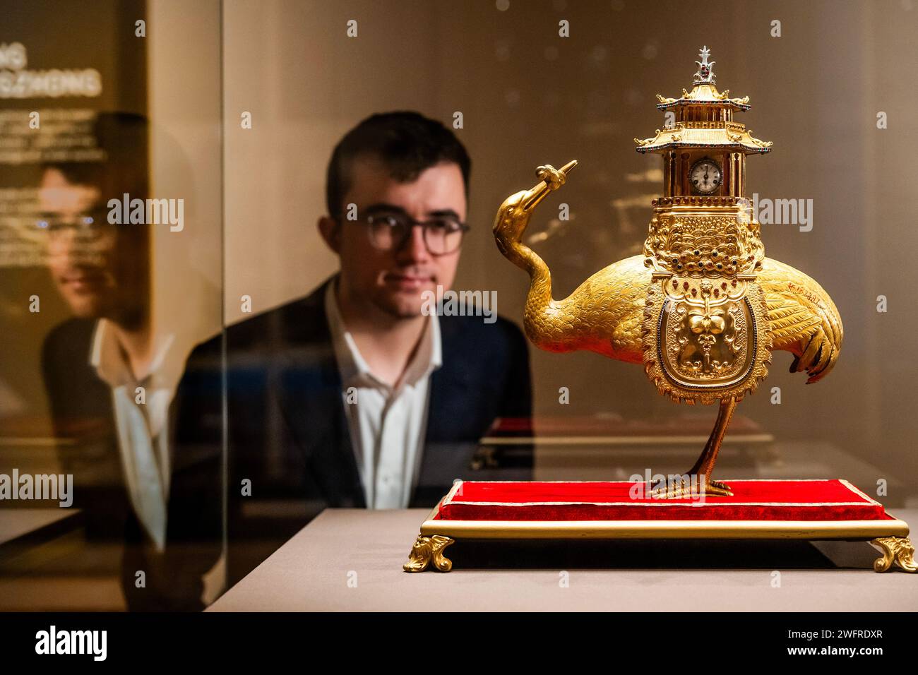 London, UK. 01st Feb, 2024. 铜镀金仙鹤驮亭式表 Zimingzhong with parts from China ...