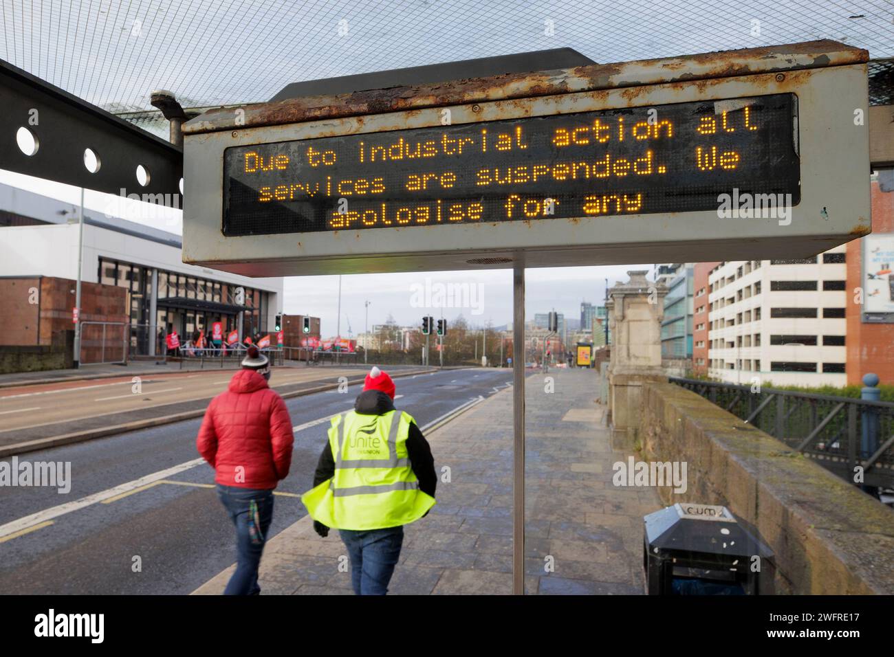 Public message on a screen at bus stop on East Bridge Street in Belfast ...