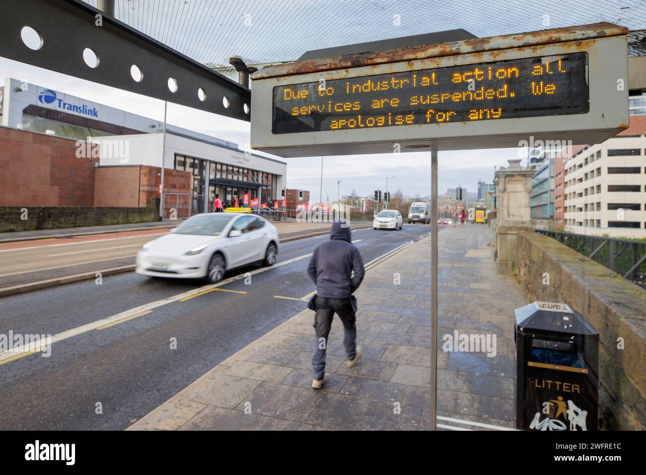 Public message on a screen at bus stop on East Bridge Street in Belfast ...