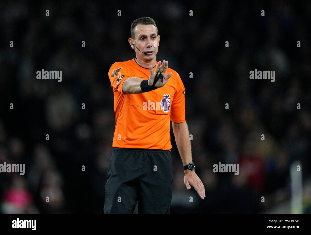 Referee David Coote reacts during the English Premier League soccer ...