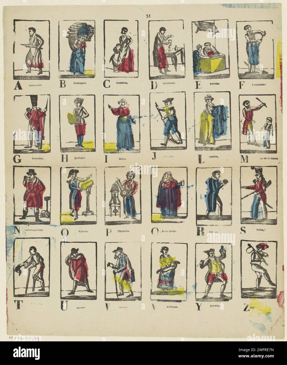 Alphabet with figures, 1827 - 1894 print Leaf with 24 performances of ...