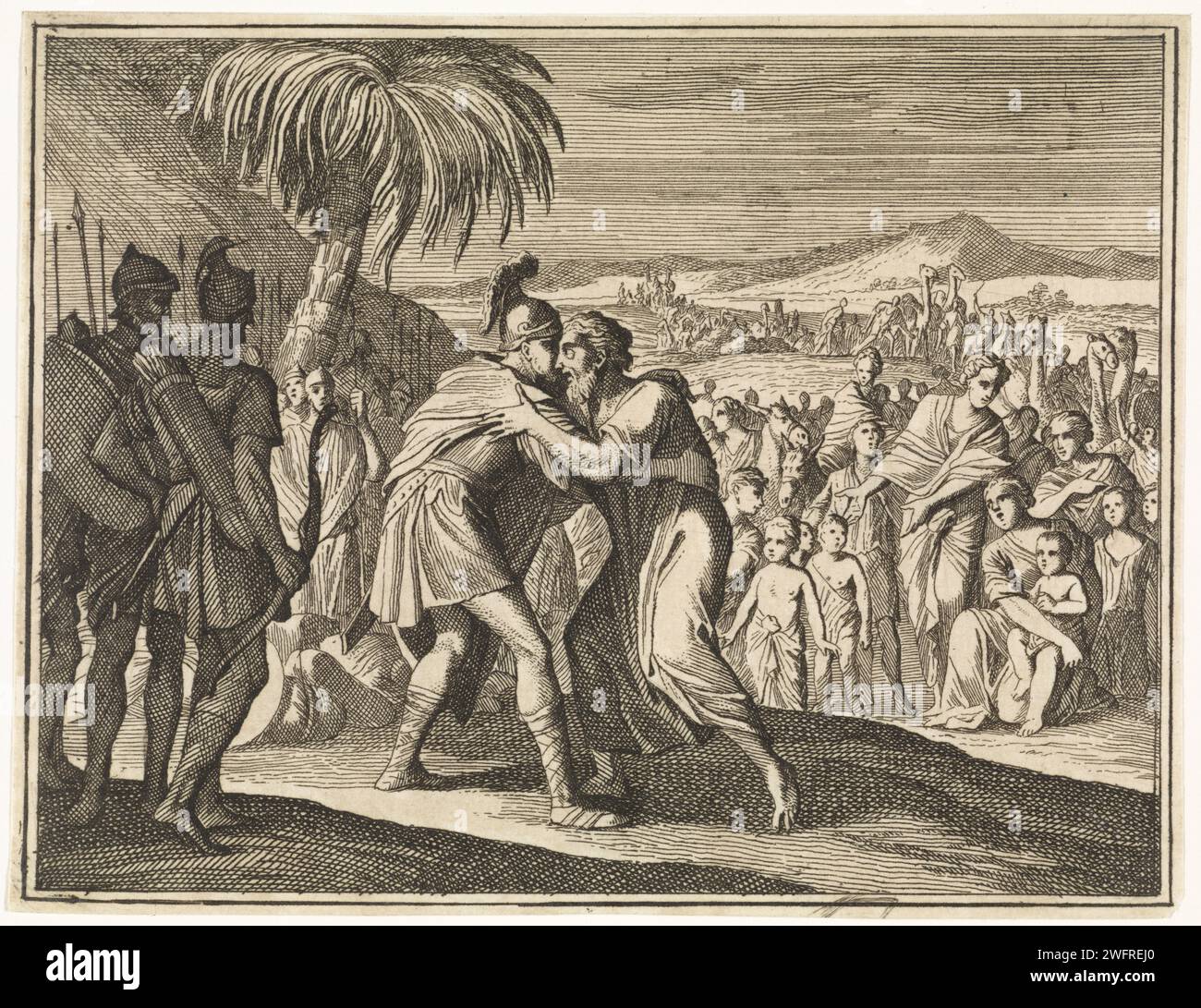 Reconciliation of Jakob and Esau, Caspar Luyken, 1712 print Amsterdam paper etching the meeting ...