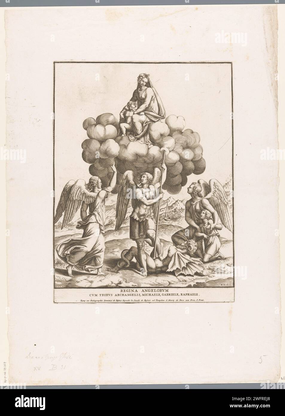 Archangels Michaël, Gabriël and Rafaël worship Maria with child, Diana ...