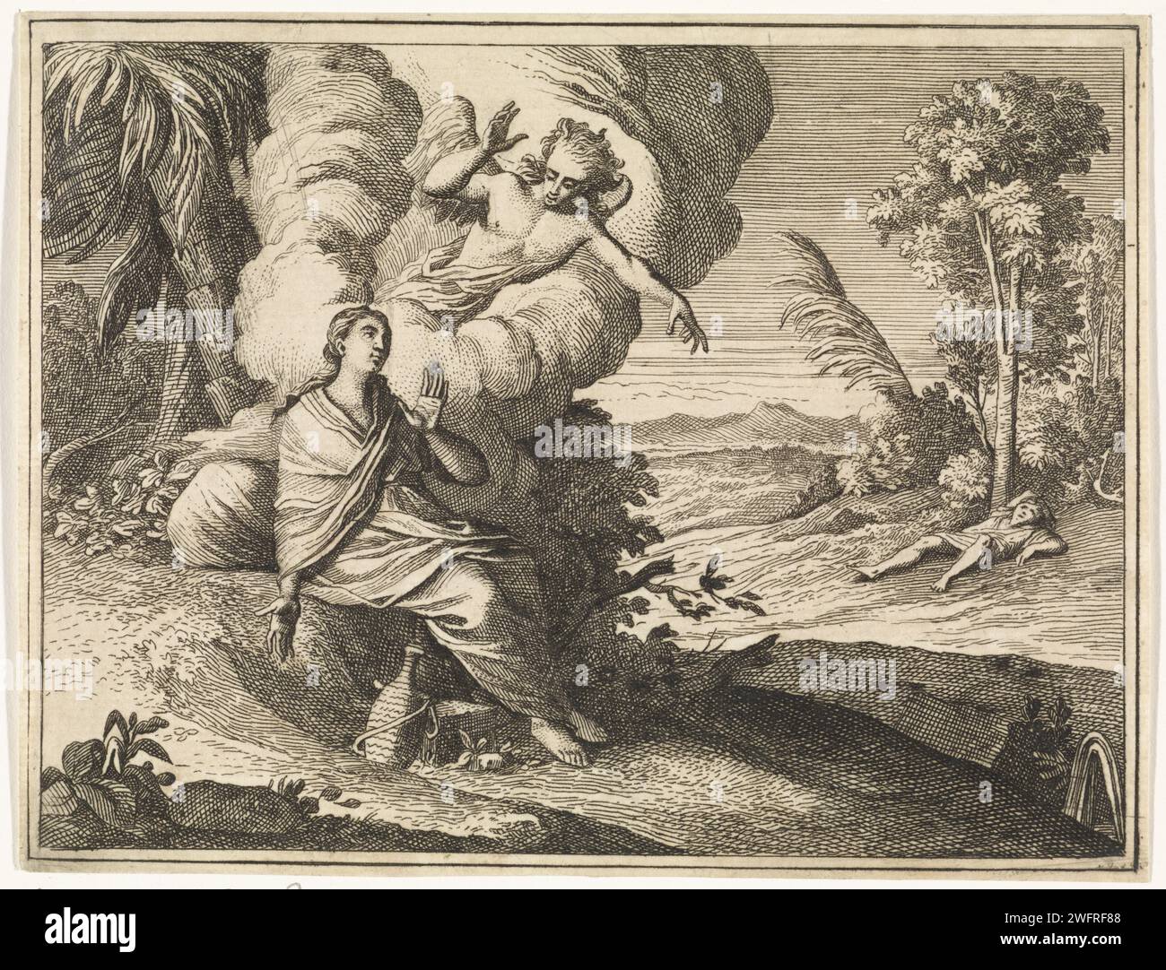 The Engel points Hagar a source in the desert, Caspar Luyken, 1712 print Amsterdam paper etching ...