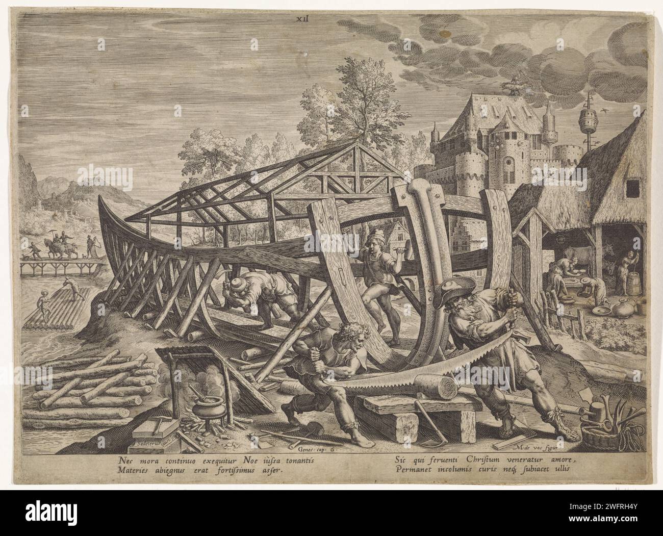 Construction of the Ark of Noah, Johann Sadeler (I), After Maerten de ...