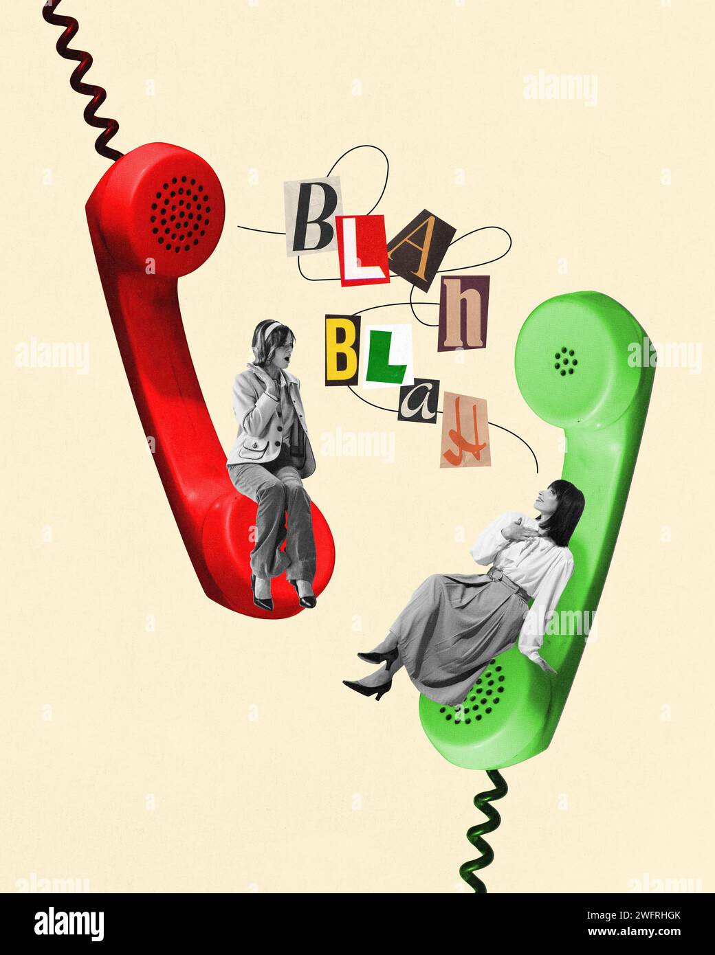 Young women, friends sitting on giant red and green retro telephone ...