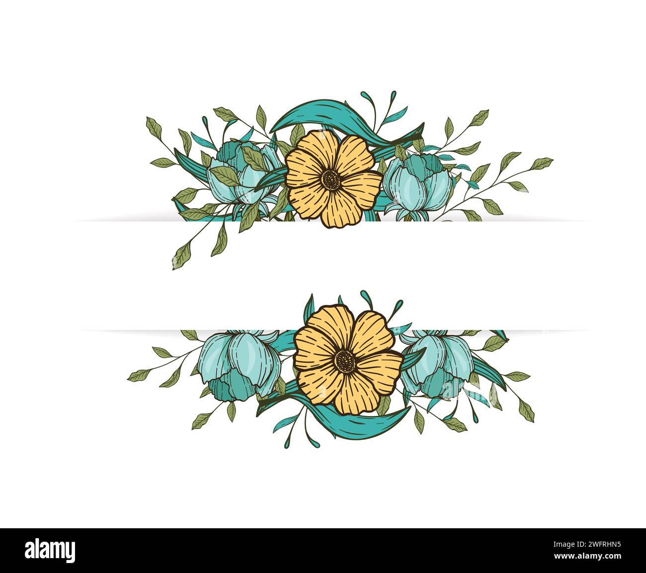 Floral frame banner with flowers, leaves and branches isolated on white ...