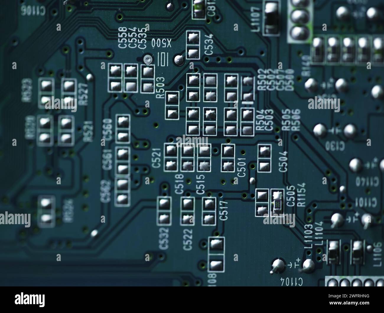 A close-up image showing the intricate design of a printed circuit ...