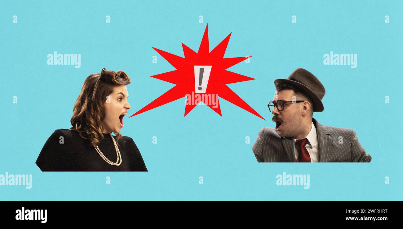 Man and woman emotionally talking, arguing, leading debate with red ...