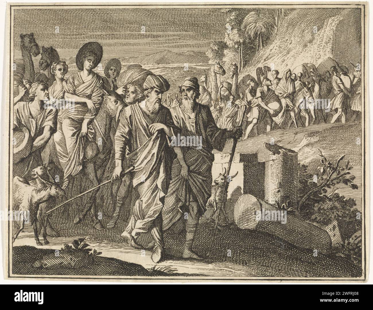 Abraham and Lot leave their homeland, Caspar Luyken, 1712 print Amsterdam paper etching Abraham ...
