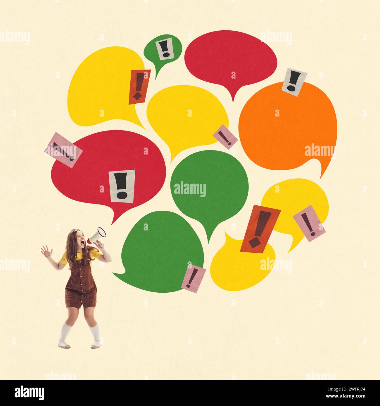 Emotional young girl shouting in megaphone with colorful speech bubbles ...