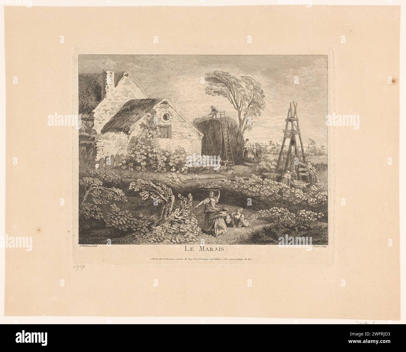 Working figures in a garden, Louis Jacob, After Jean Antoine Watteau ...