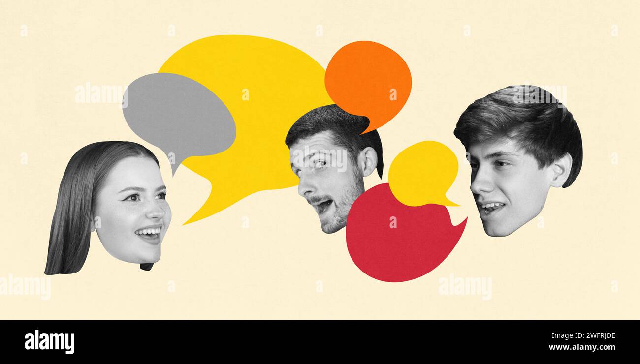 Positive young people, men and woman with big colorful speech bubbles ...