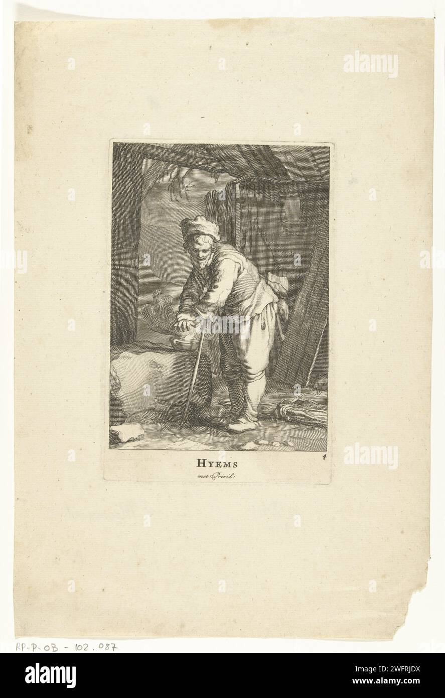 Winter, c. 1632 - c. 1670 print An old man stands in a shed and warms ...