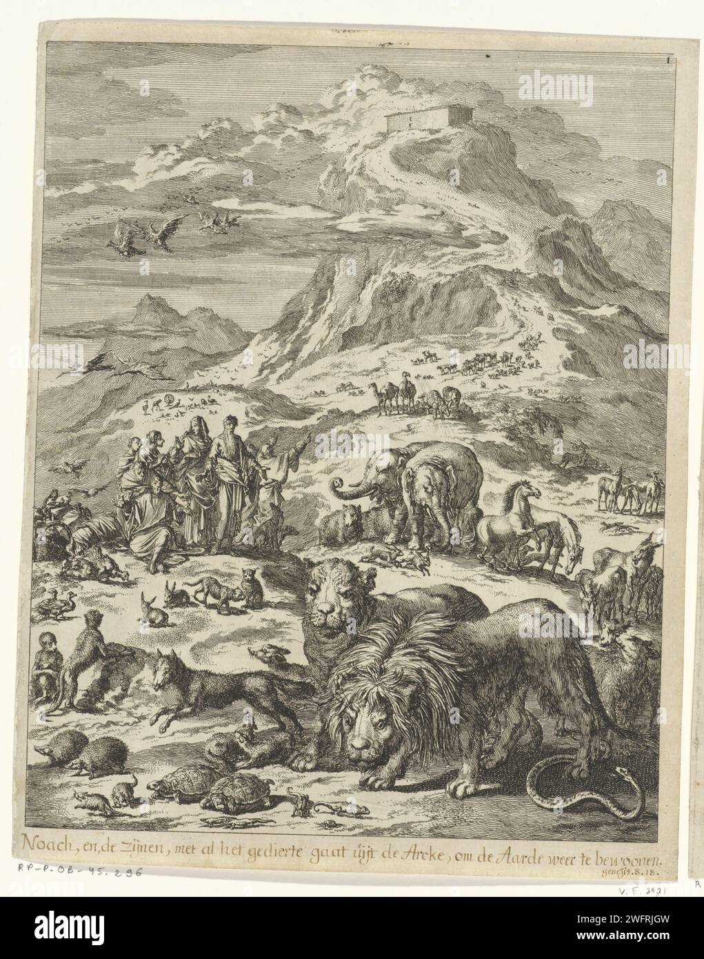 Noah, his family and the animals leave the Ark, Jan Luyken, 1708 print ...